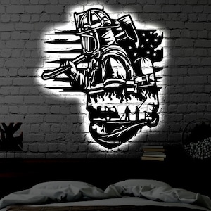Firefighter LED Metal Art Sign / Light up Firefighter Metal Sign ...