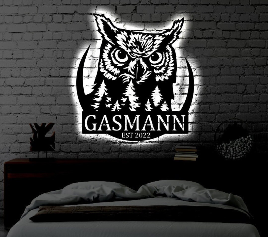 Personalized LED Owl Metal Sign | Light up Owl Wall Art | Owl Nature ...