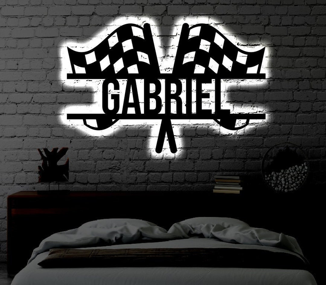 Personalized LED Racing Metal Sign | Light up Racing Flags Wall Art ...