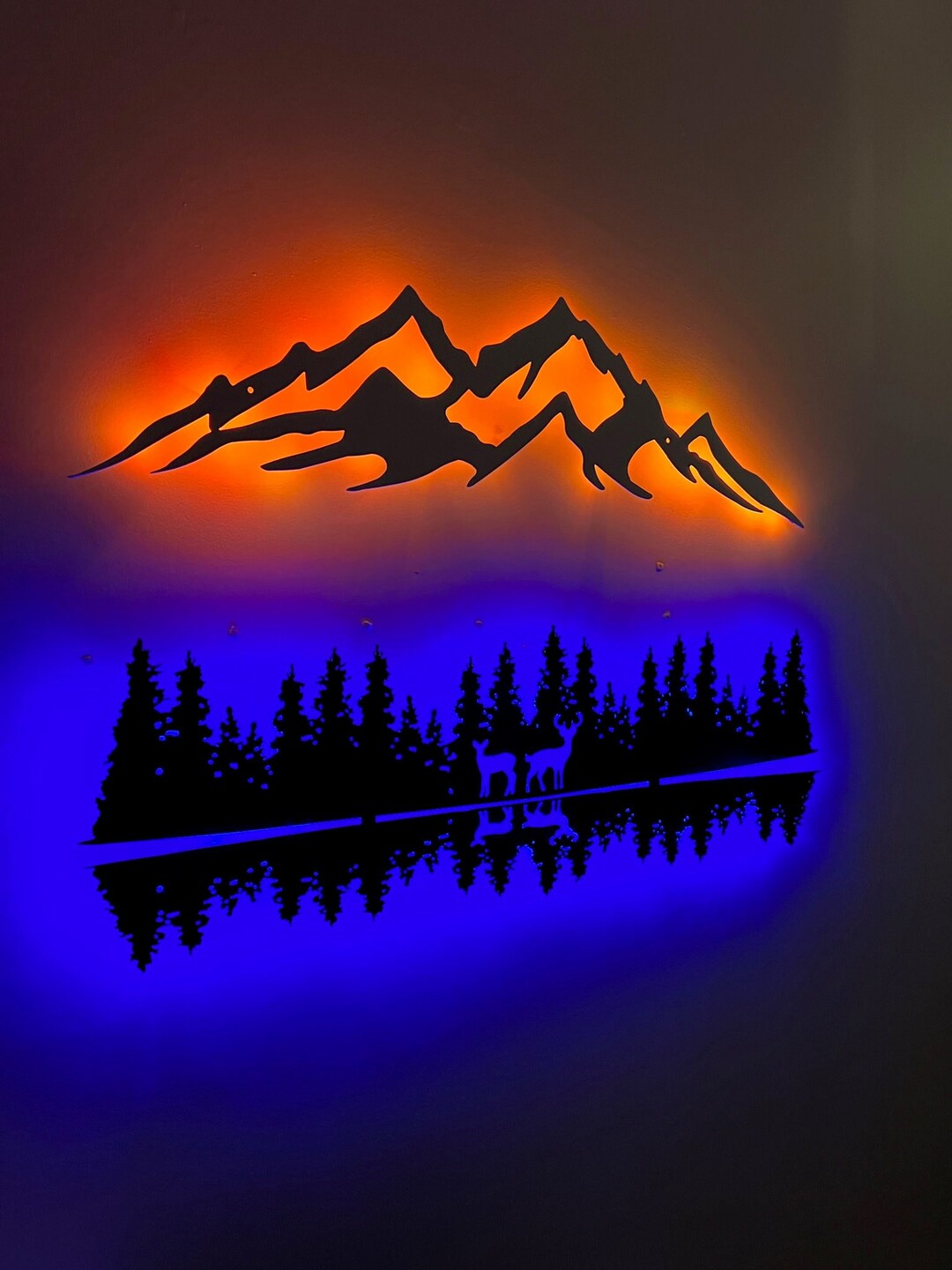 LED Mountain Metal Wall Art / Neon Mountain and Tress Metal Art / Light ...