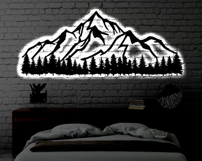 LED Mountain Metal Wall Art / Neon Mountain and Tress Metal Art / Light ...