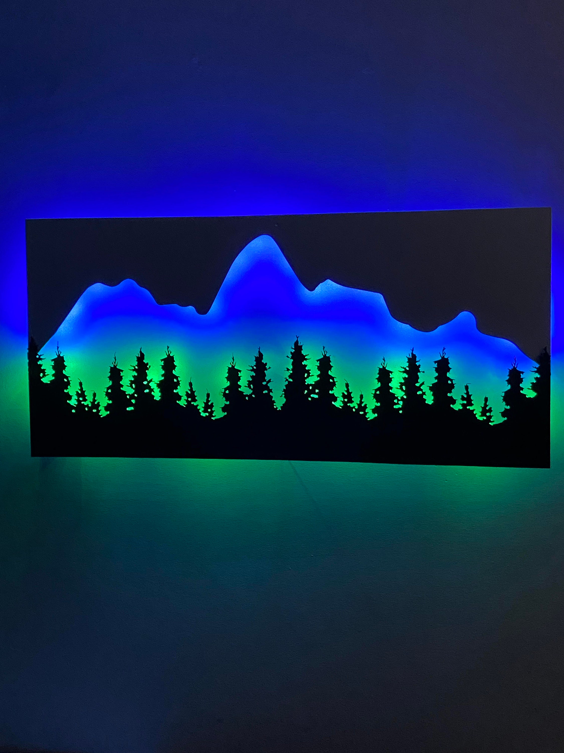 LED Mountain Metal Wall Art / Neon Mountain and Tress Metal Art / Light ...
