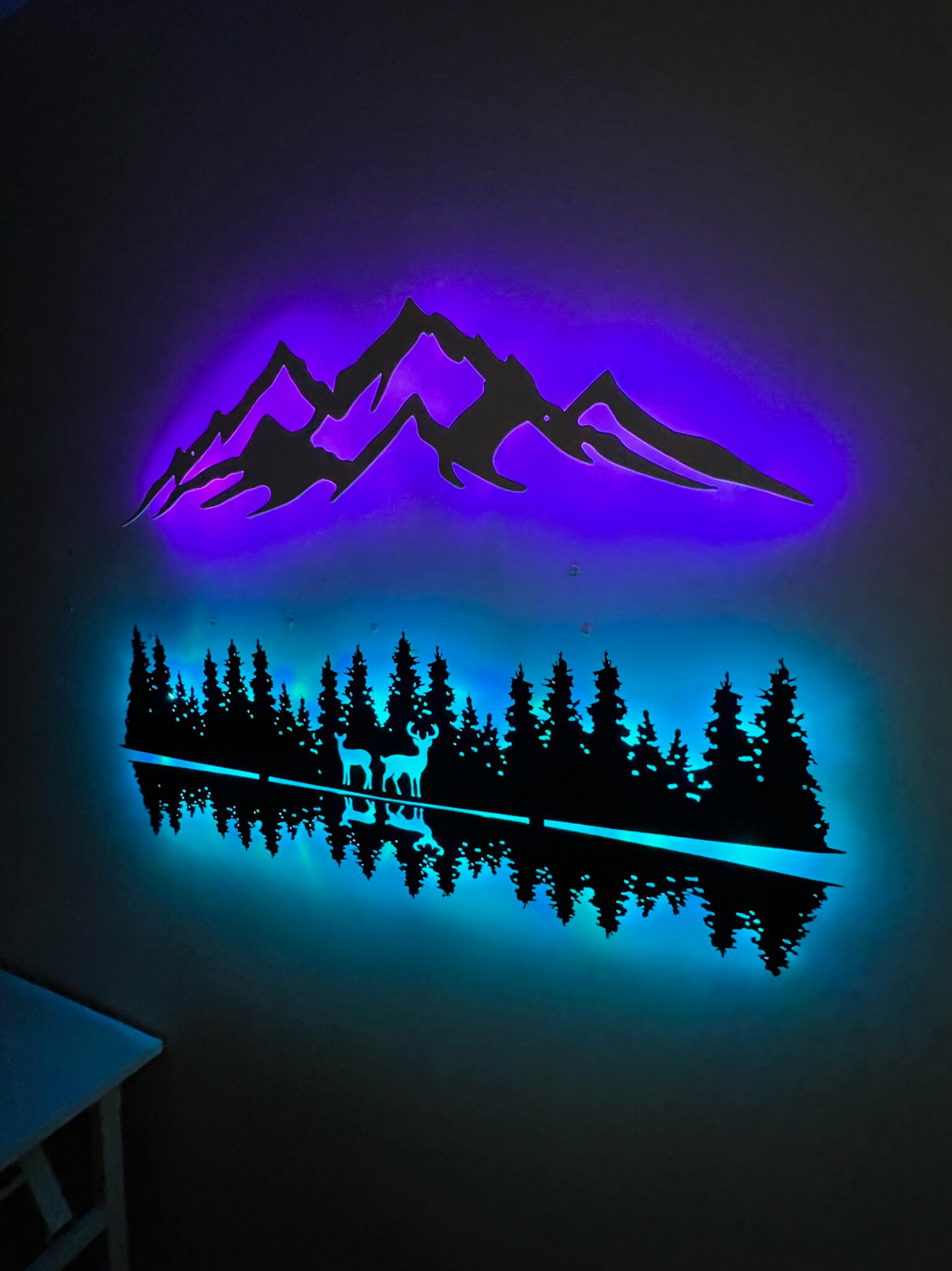 LED Mountain Metal Wall Art / Neon Mountain and Tress Metal Art / Light ...