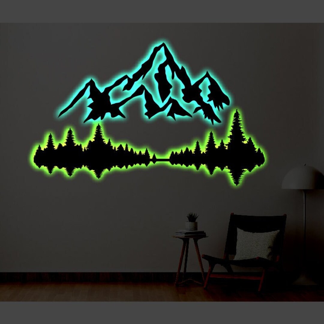 LED Mountain Metal Wall Art / Neon Mountain and Tress Metal Art / Light ...