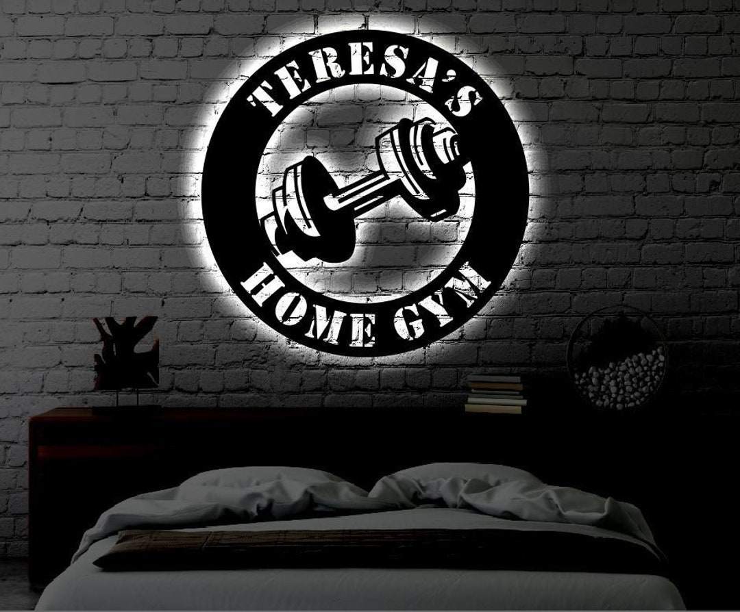 Personalized Home Gym LED Metal Art Sign / Light up Gym Name Metal Sign ...
