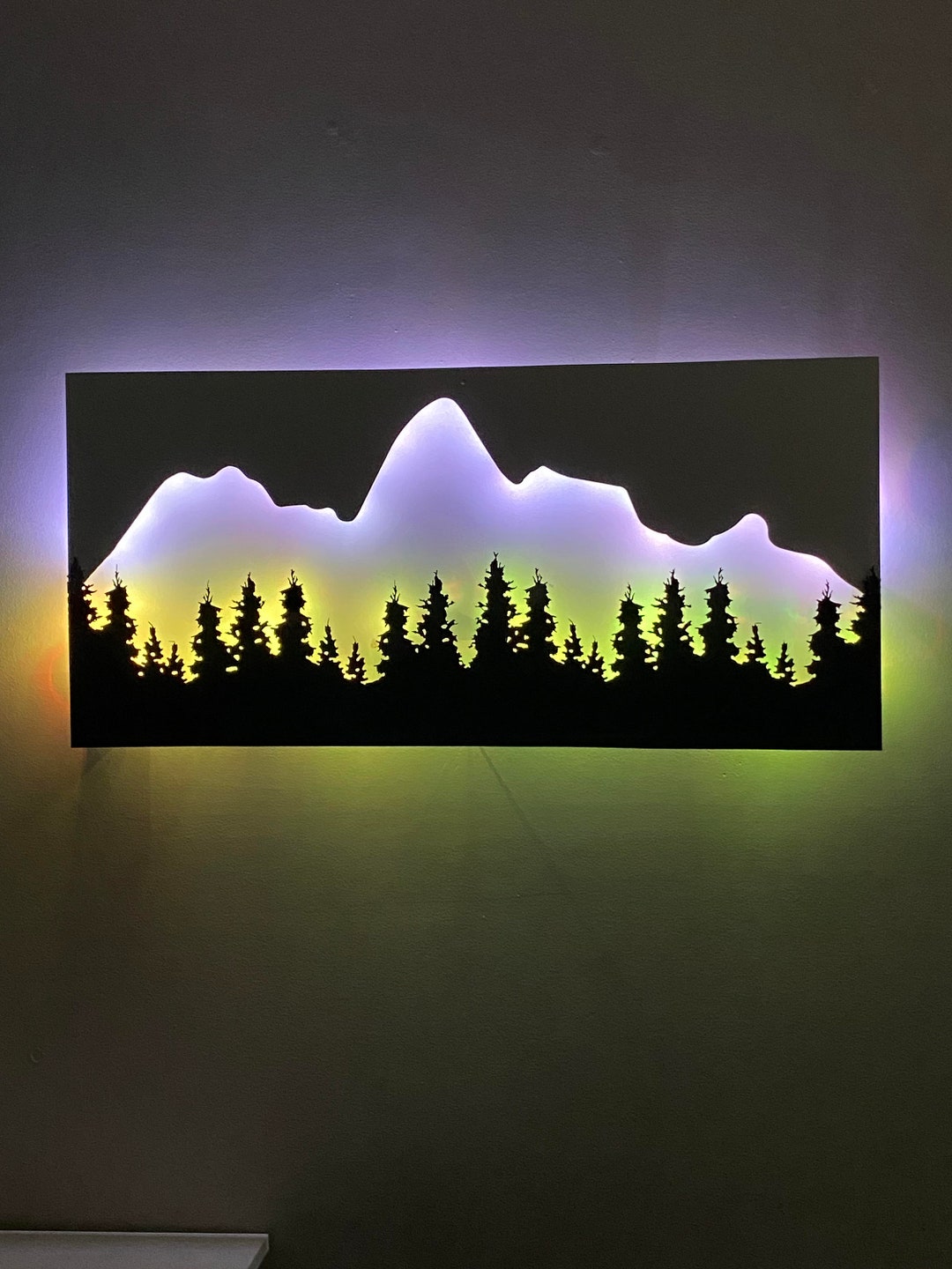 LED Mountain Metal Wall Art / Neon Mountain and Tress Metal Art / Light ...