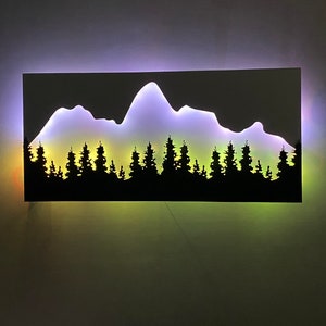 LED Mountain Metal Wall Art / Neon Mountain and Tress Metal Art / Light ...
