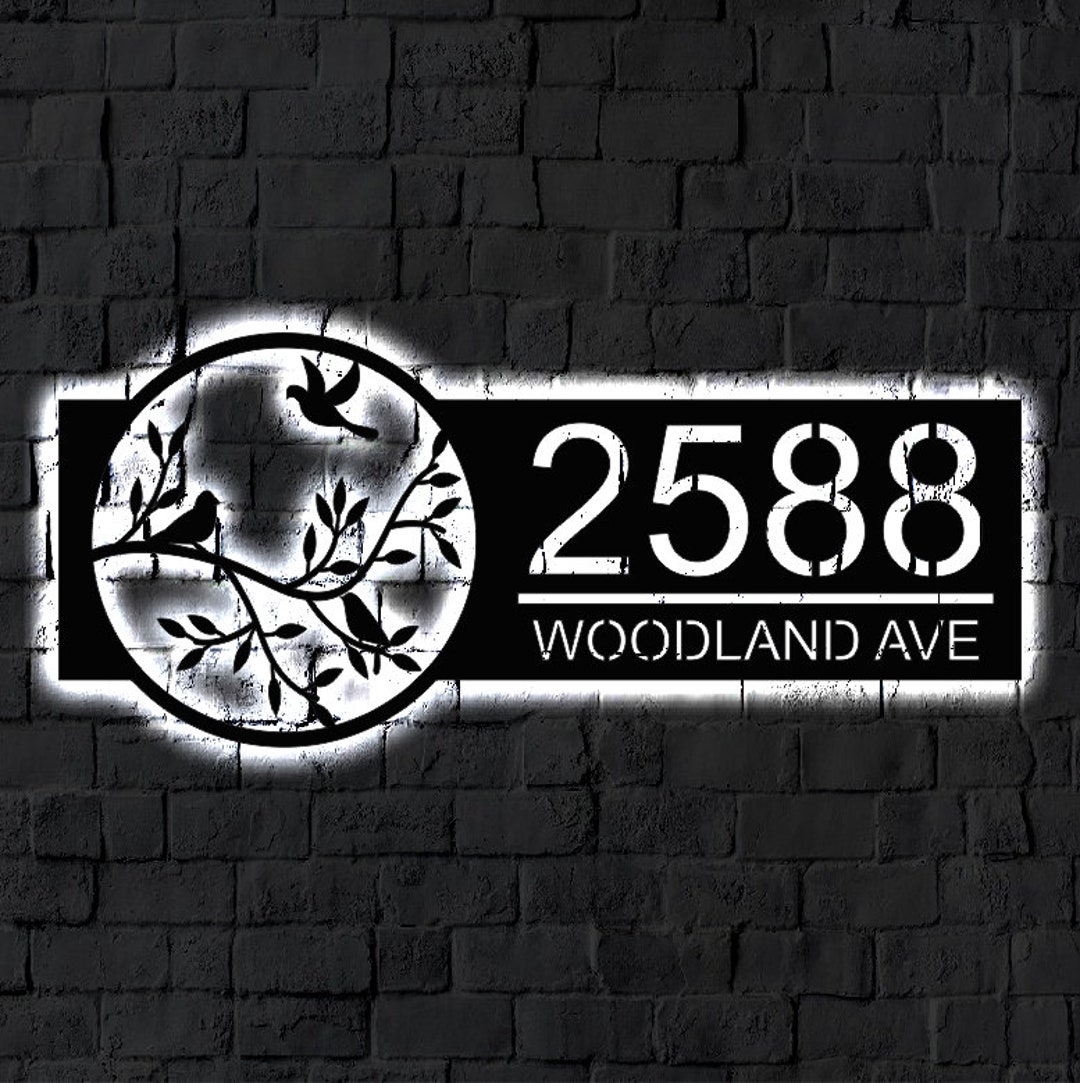 LED Address Metal Art Sign / Light up Birds on Branch Address Plaque ...