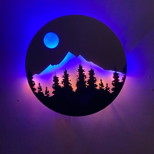 LED Mountain Metal Wall Art / Neon Mountain and Trees Metal Art / Light ...