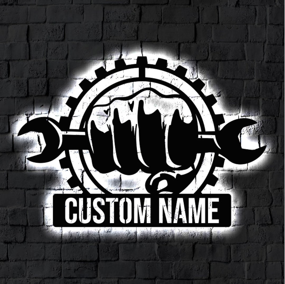 Personalized LED Mechanic Metal Sign | Light up Wrench Home Garage Wall ...
