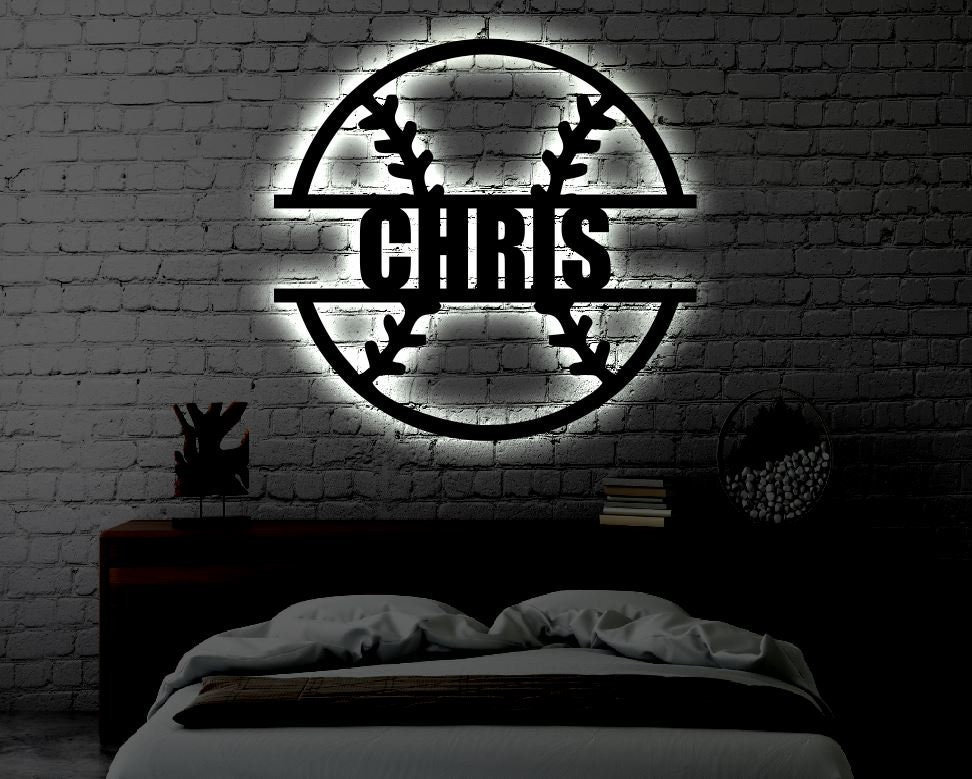 Personalized Baseball LED Metal Art Sign / Light up Baseball Name Metal ...