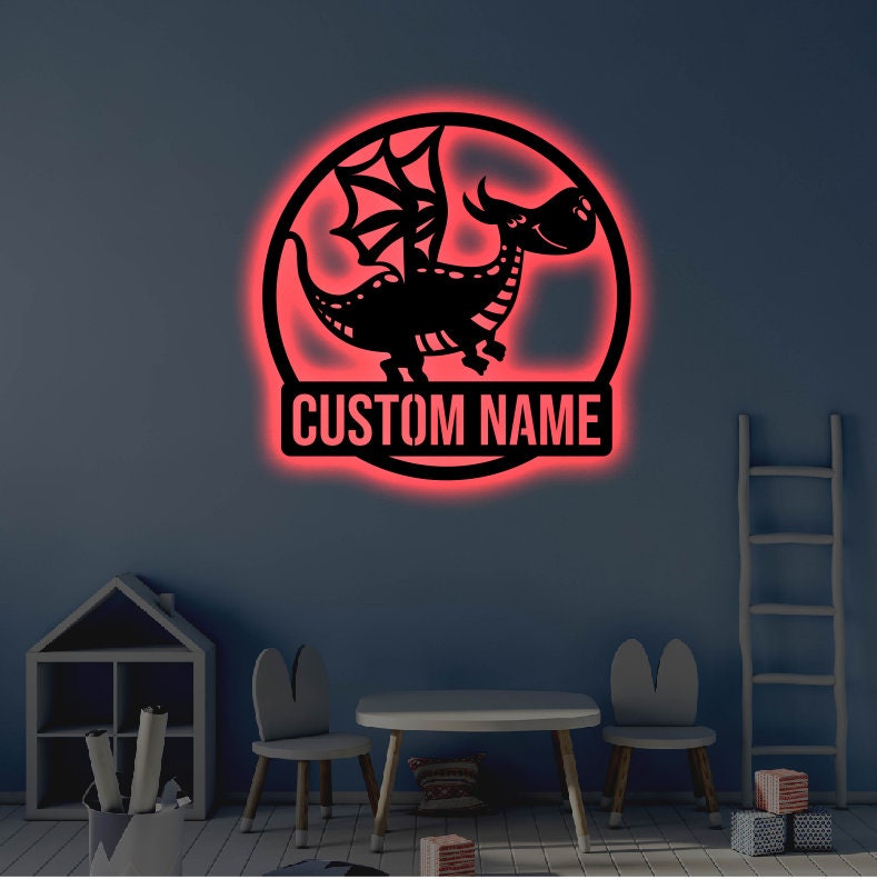 Personalized LED Dinosaur Metal Sign | Light up Kid's Room Wall Art ...