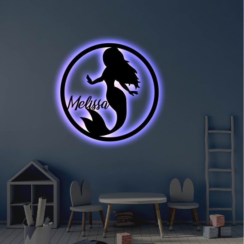 Personalized LED Mermaid Metal Sign | Light up Girls Room Wall Art ...