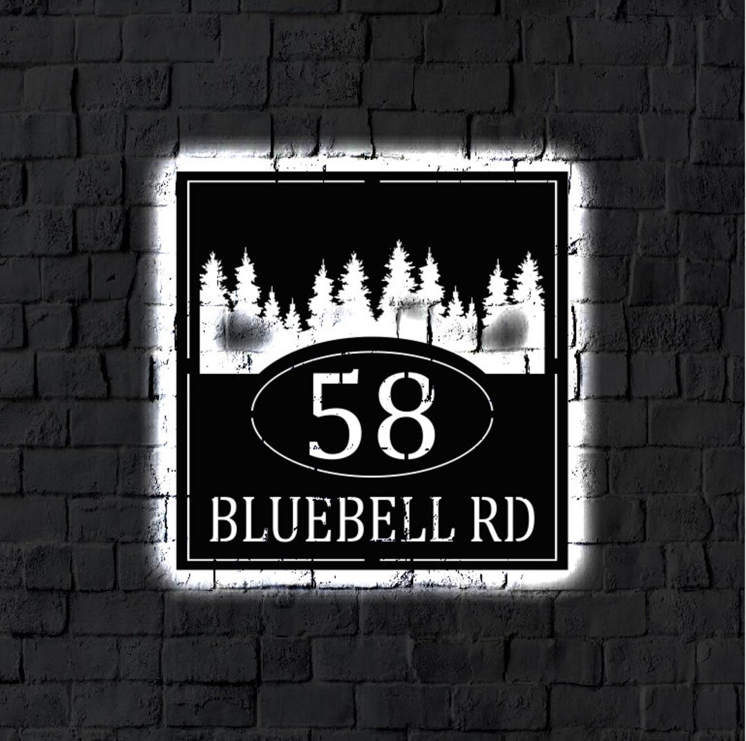 LED Address Metal Art Sign / Light up Address Plaque Sign / Pine Trees ...