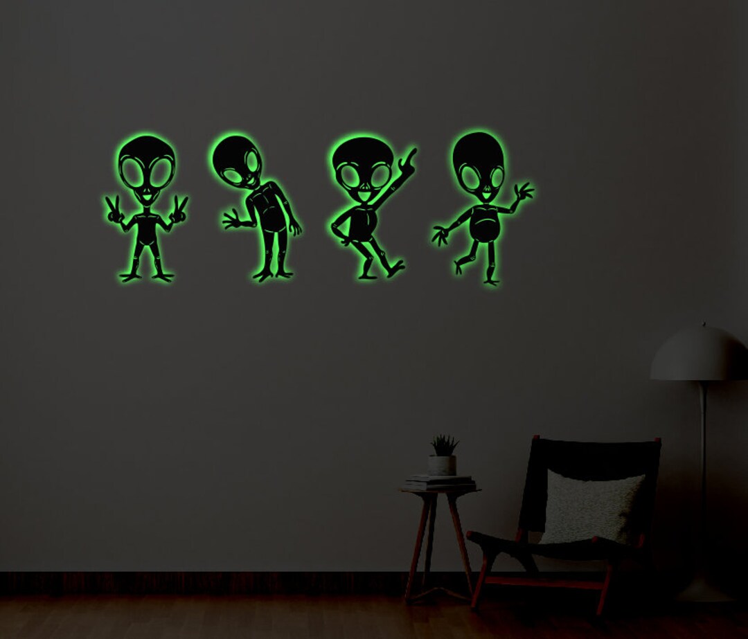 Four Piece Alien LED Metal Art Sign / Light up Alien Decor Sign / Multi ...