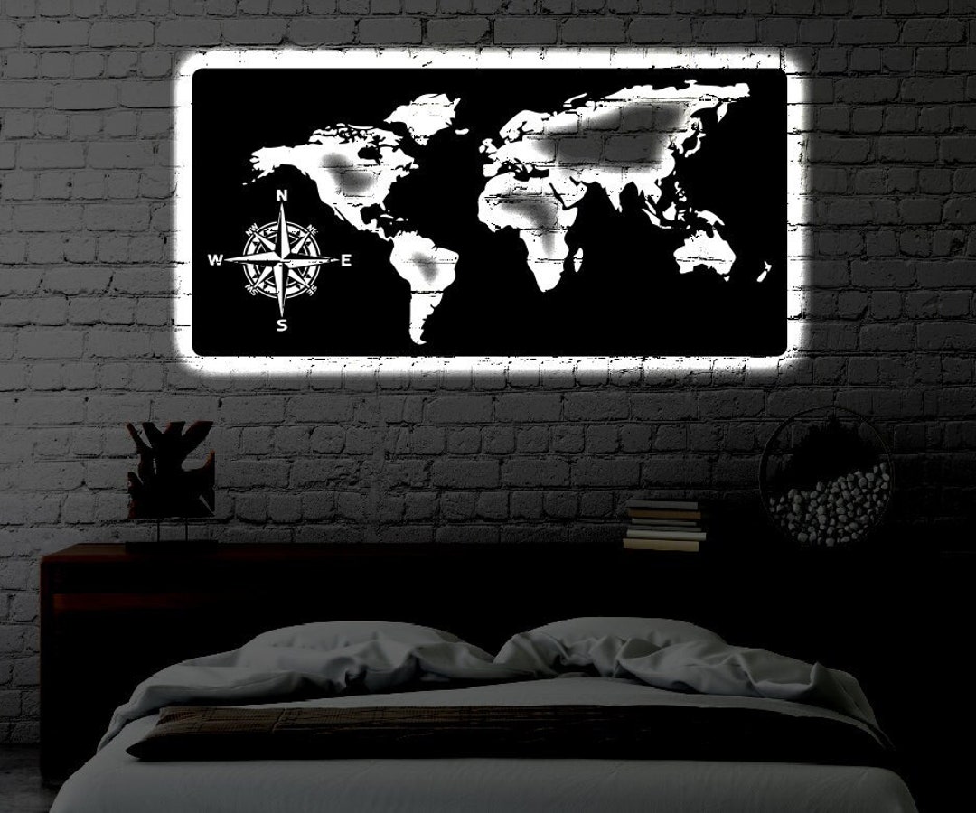 World Map Compass LED Metal Art Sign / Light up World Map Metal Sign ...