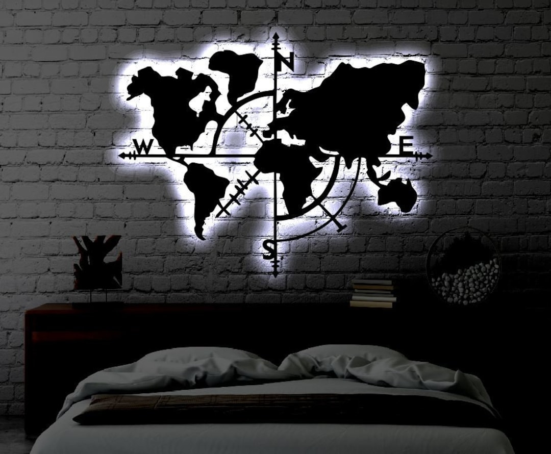 World Map Compass LED Metal Art Sign / Light up World Map Metal Sign ...