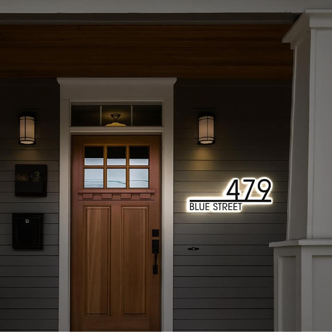 Solar Backlit Metal Address Sign – Modern House Number Plaque With LED ...