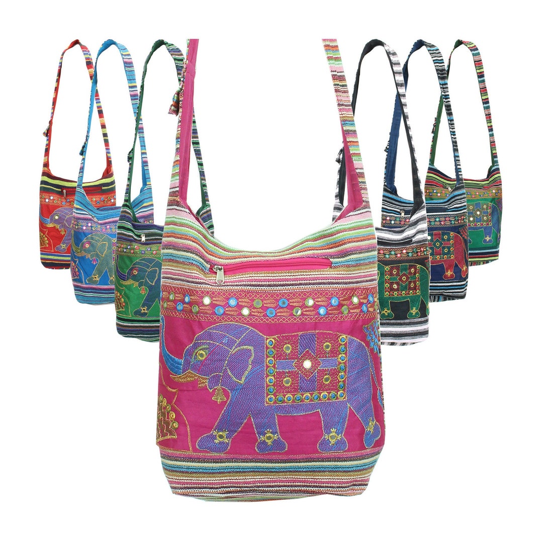 Hippie Boho Shoulder Bag Embroidered Elephant Design Festival Hobo ...