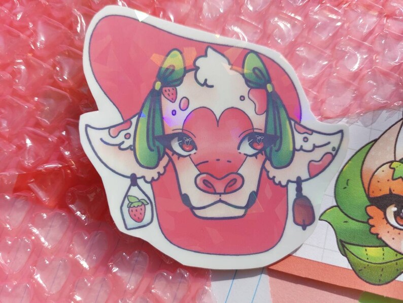Strawberry Cow Cute Cottagecore Kawaii Cow Sticker Strawberry and Fruit ...