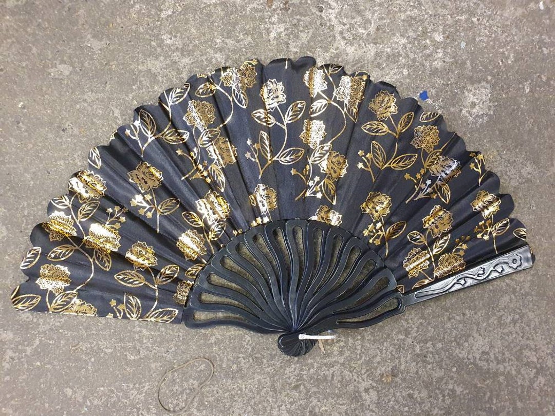 Black & Gold Flowers Decorative Burlesque Dancing Folding Summer Hand ...