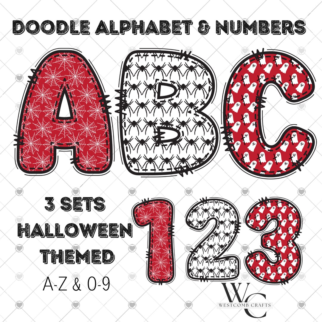 Halloween Doodle Alphabet and Numbers PNG Files, Doodle Alpha Bundle ...