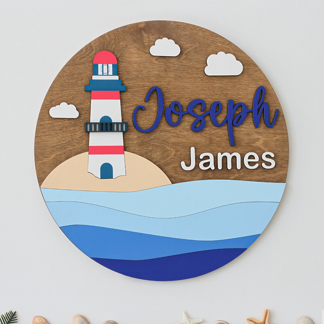 Lighthouse Theme Name Sign, Personalized Name Sign, Nautical Theme ...