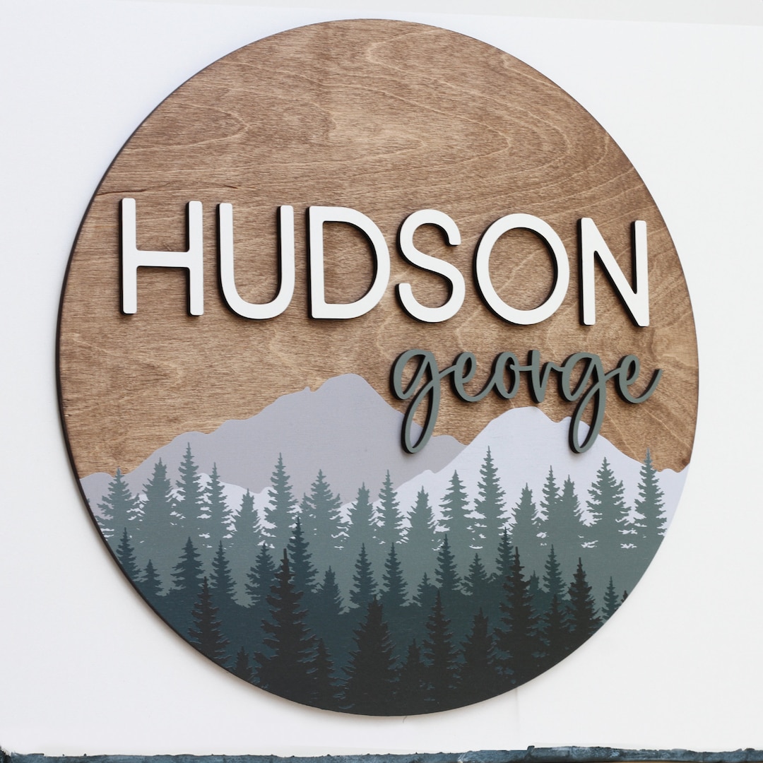 Woodland Theme Nursery Sign, Pine Tree Mountain Decor, Nursery Name ...