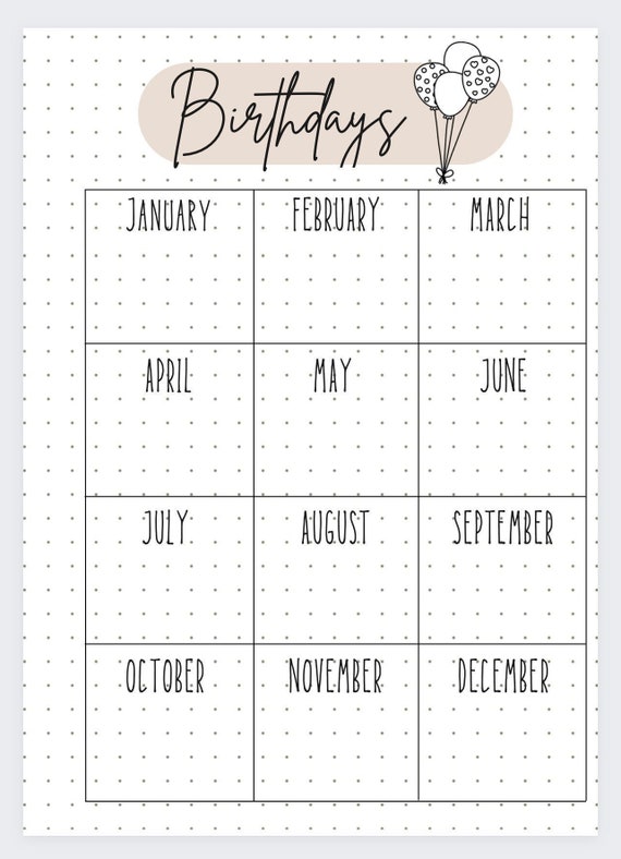 Birthday Tracker Bullet Journal Instant Download PDF | Etsy
