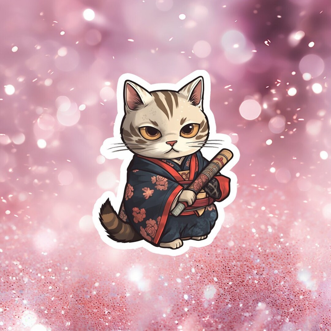 Samurai Cat Sticker, Cat Vinyl Sticker, Animal Stickers, Laptop Sticker ...