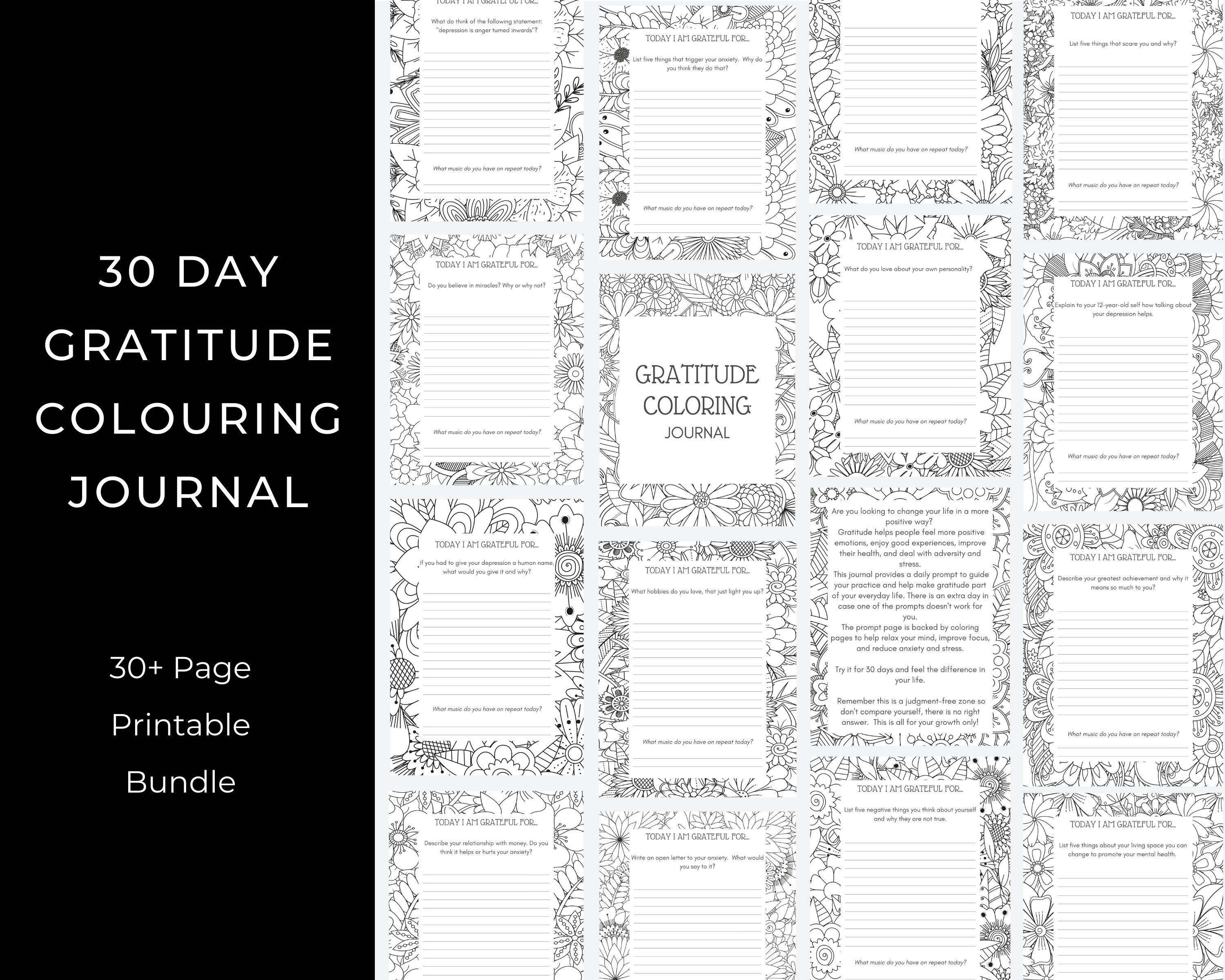 30 Day Coloring Gratitude Journal Printable, Mindfulness Self Care Log ...