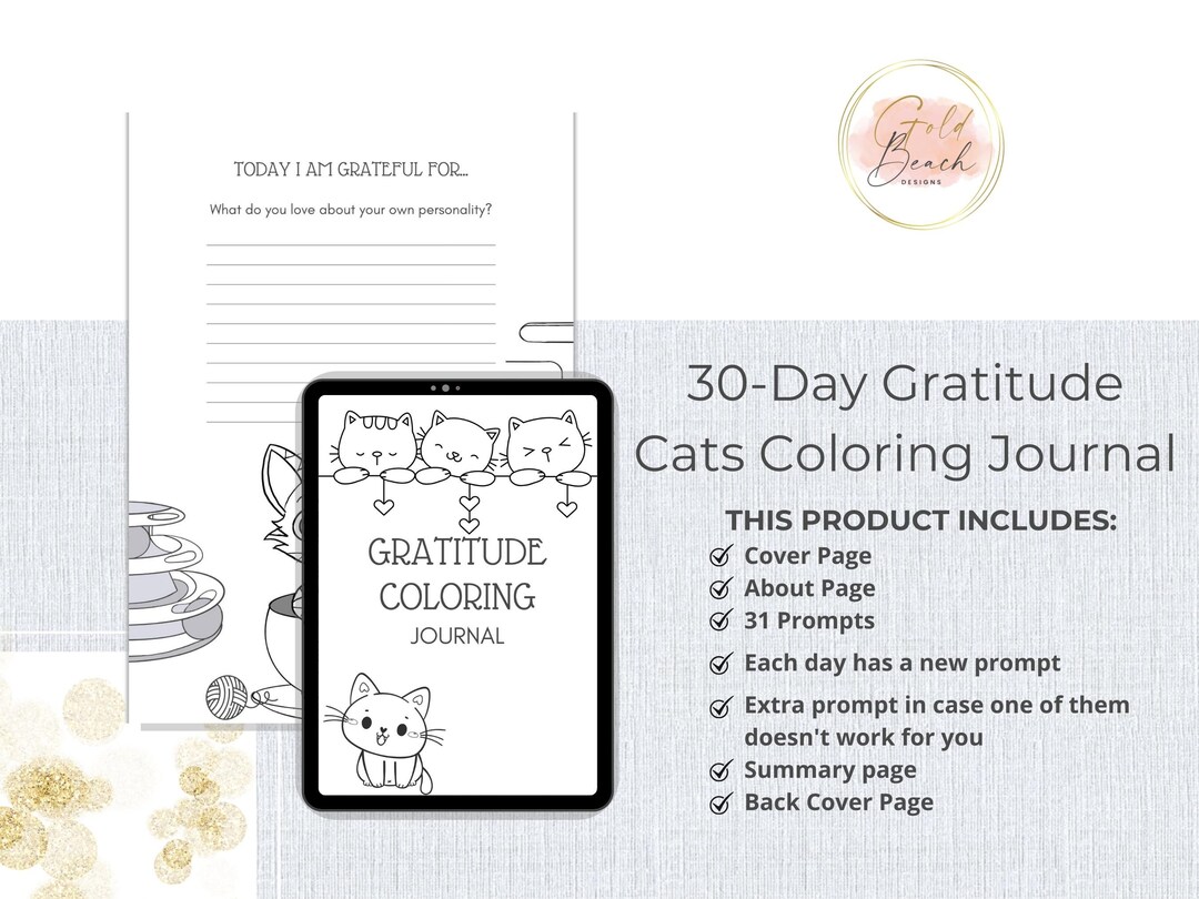 Adorable Cat Coloring Gratitude Journal, Mindfulness Self Care Log ...
