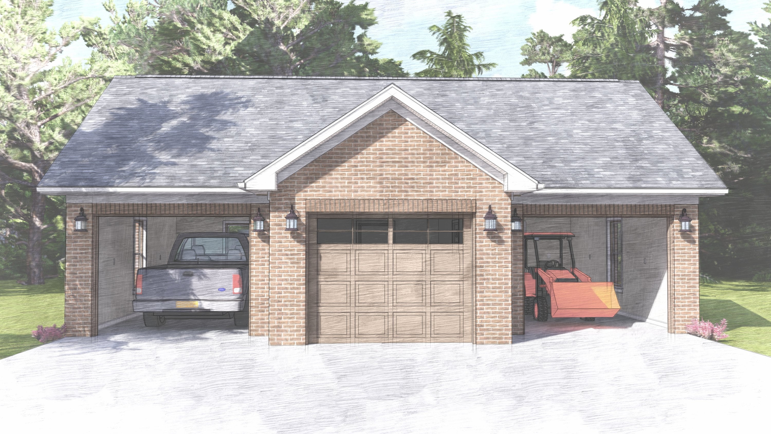 3 Car Garage-brick-slab Foundation - Etsy