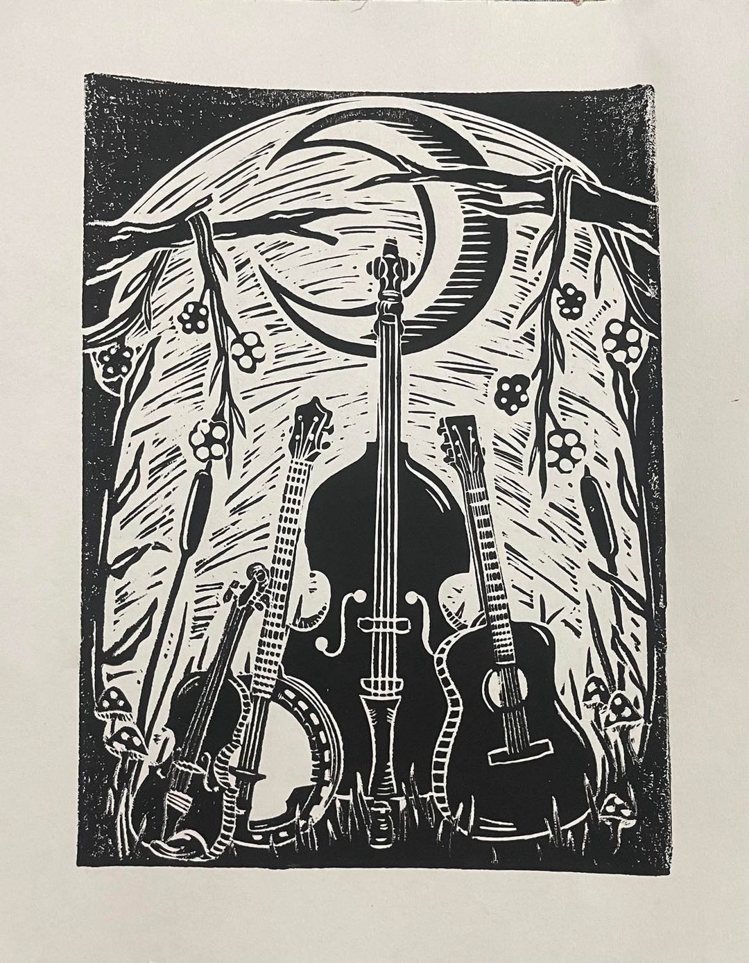 Bluegrass Instruments Guitar Bass Banjo Fiddle Linocut Print ...