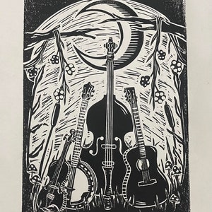 Bluegrass Instruments Guitar Bass Banjo Fiddle Linocut Print ...