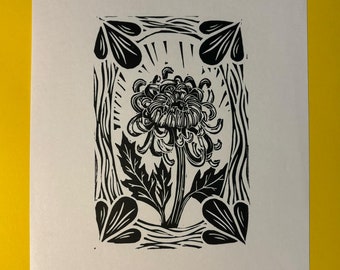 Floral Sunflower Flower Botanical Linocut Print Handprinted on Natural ...