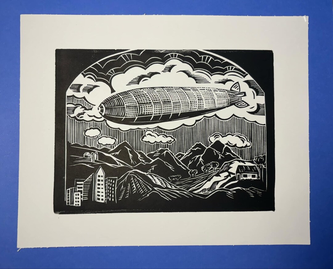 Zeppelin Over Mountains & City Print Handprinted Linocut Relief Print ...