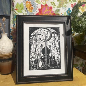 Bluegrass Instruments Guitar Bass Banjo Fiddle Linocut Print ...