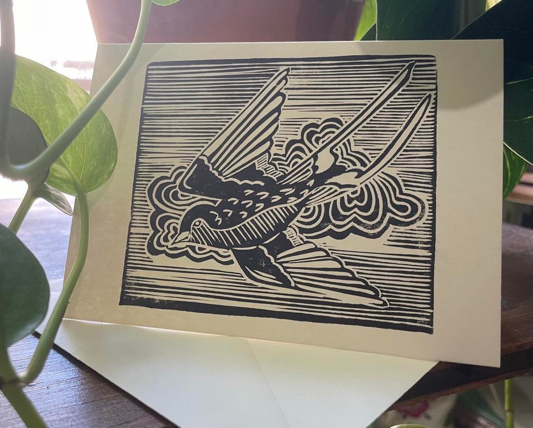 Diving Swallow Bird Nautical Linocut Handprinted Folded Notecards ...