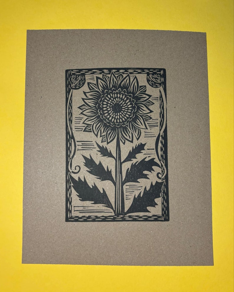 Floral Sunflower Flower Botanical Linocut Print Handprinted on Natural ...