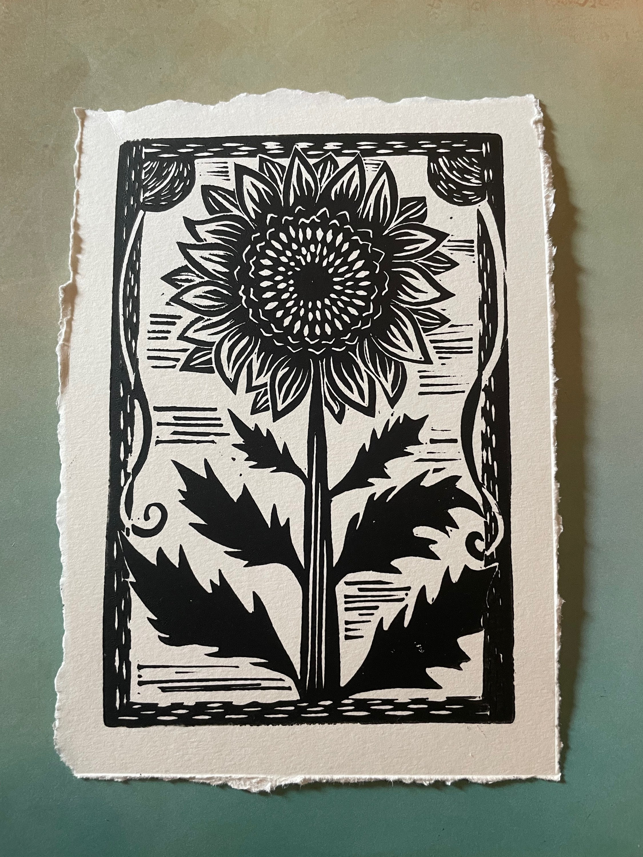 Floral Sunflower Flower Botanical Linocut Print Handprinted on Natural ...