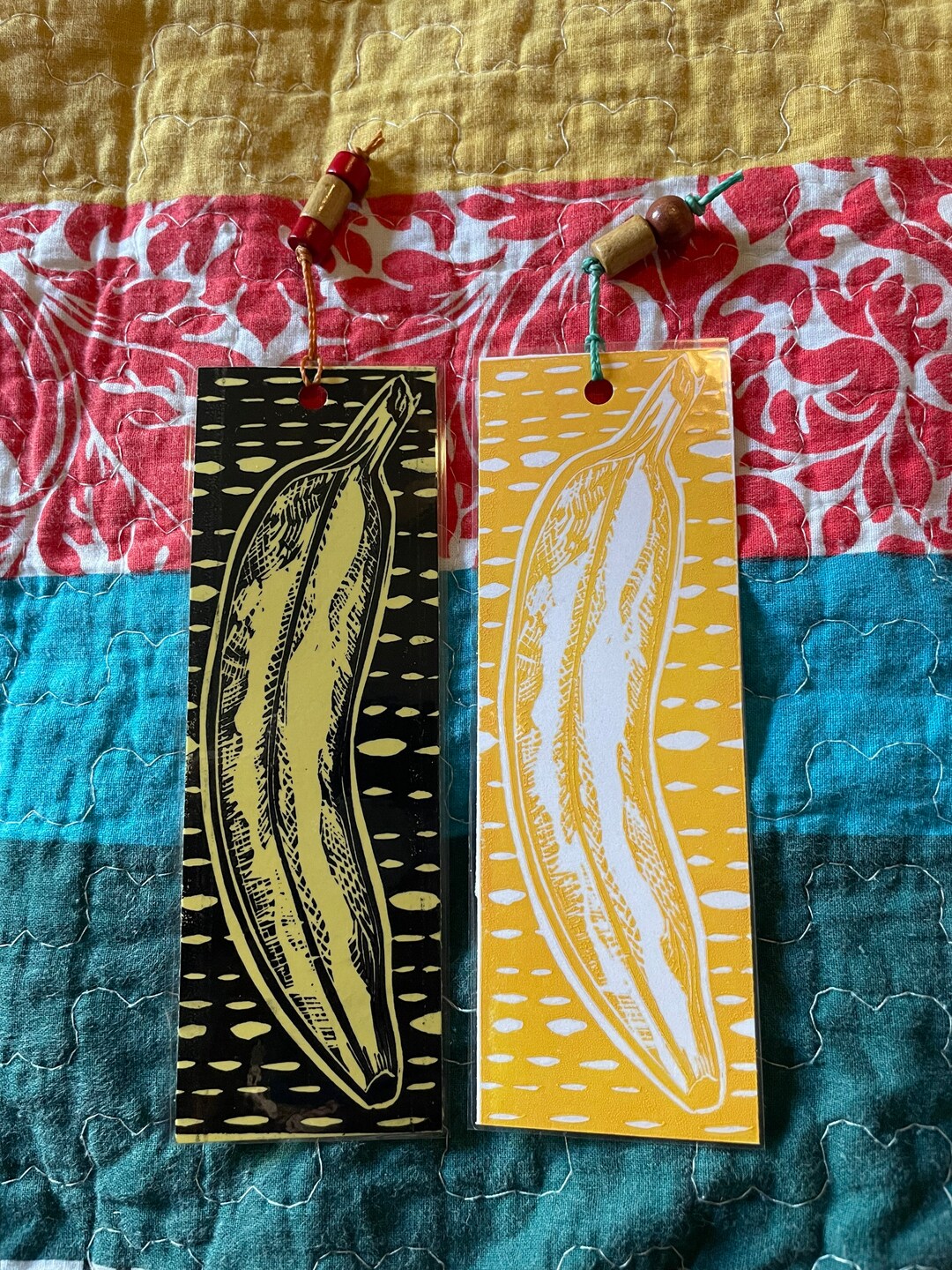 Linocut Handprinted Banana Fruit Bookmark Wood Beaded Hemp Tassel new ...