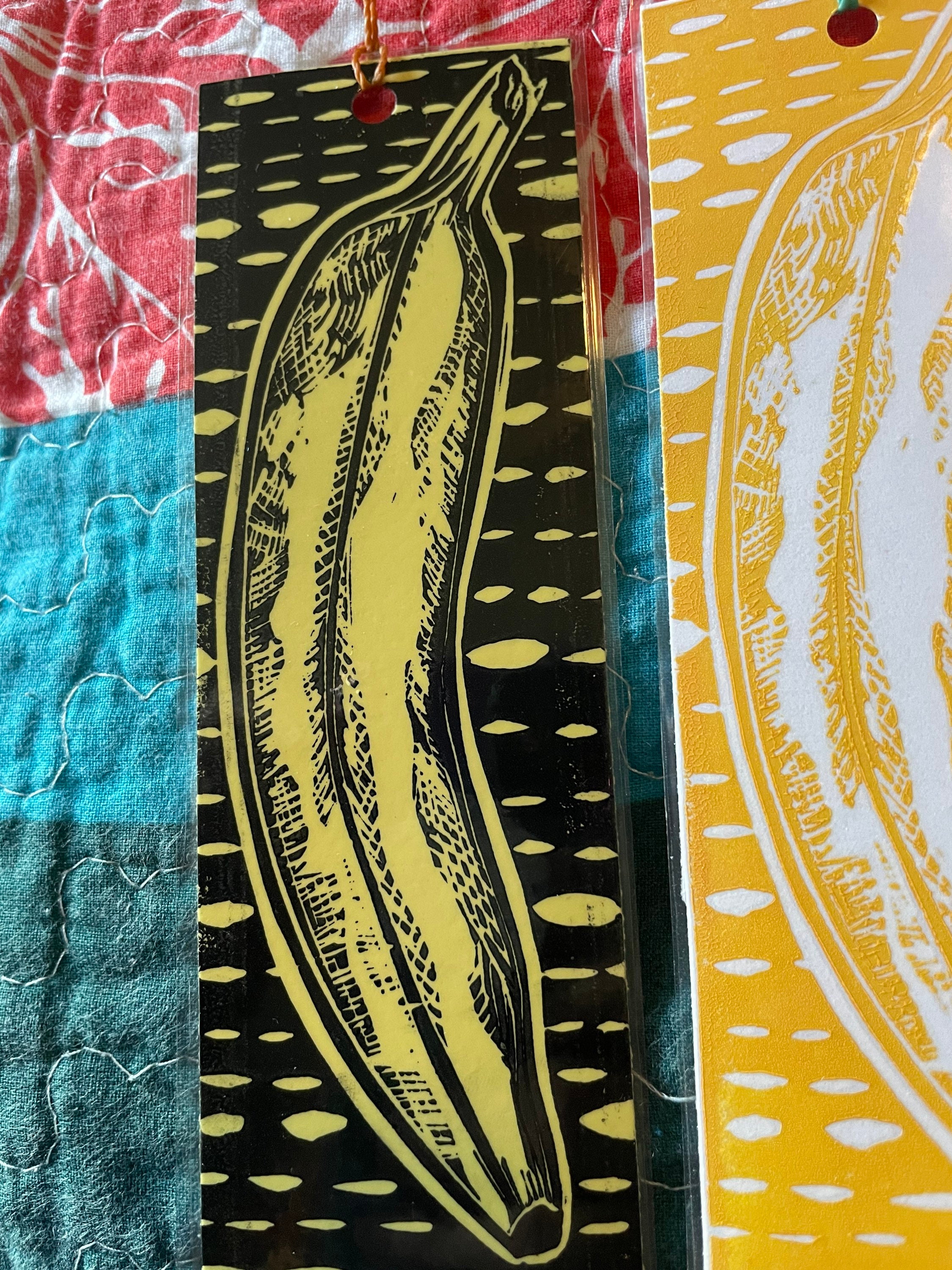 Linocut Handprinted Banana Fruit Bookmark Wood Beaded Hemp Tassel new ...
