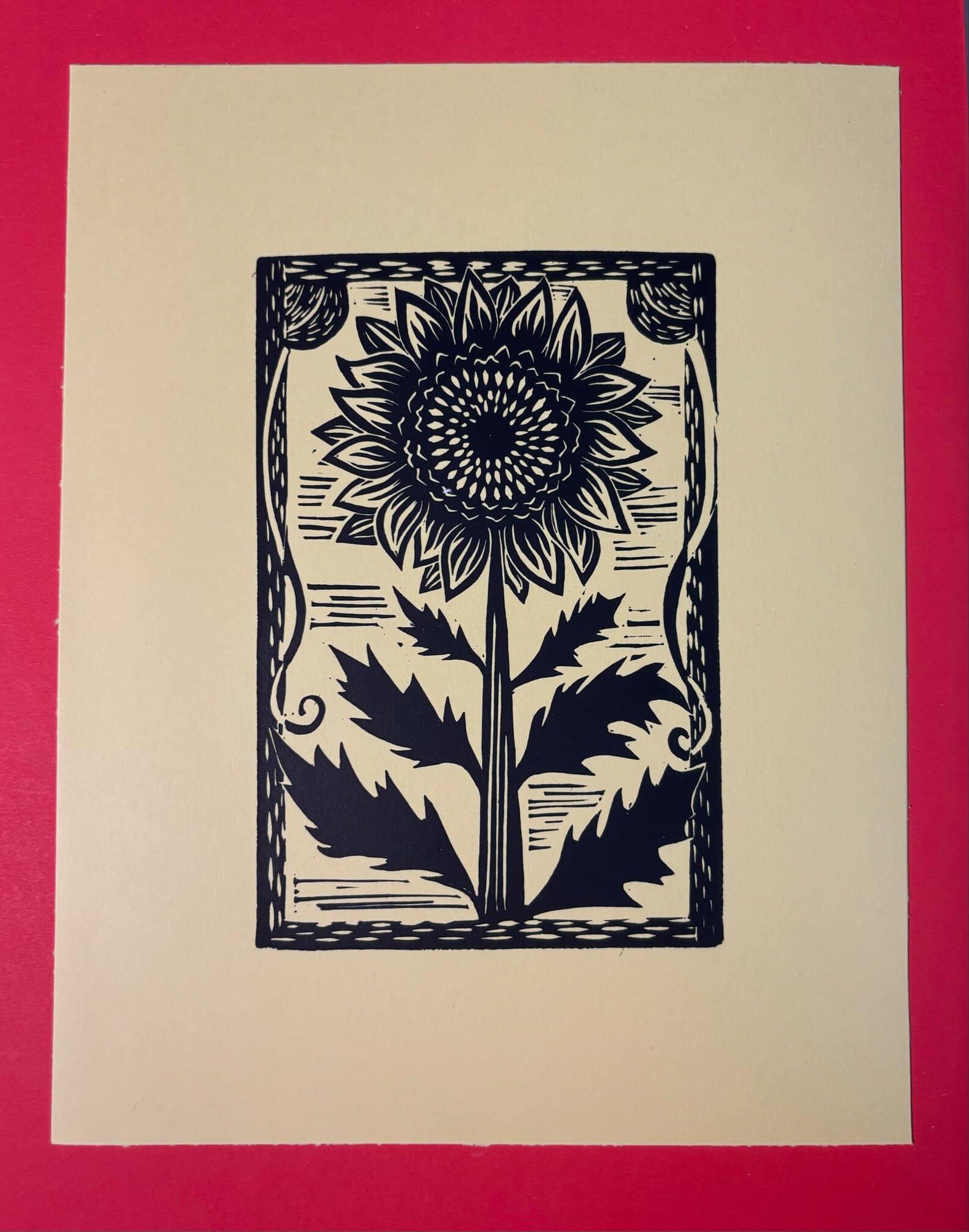 Floral Sunflower Flower Botanical Linocut Print Handprinted on Natural ...