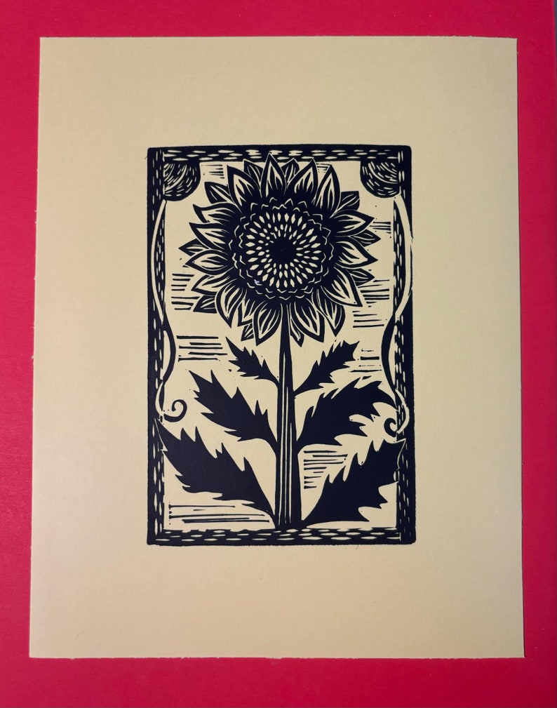 Floral Sunflower Flower Botanical Linocut Print Handprinted on Natural ...
