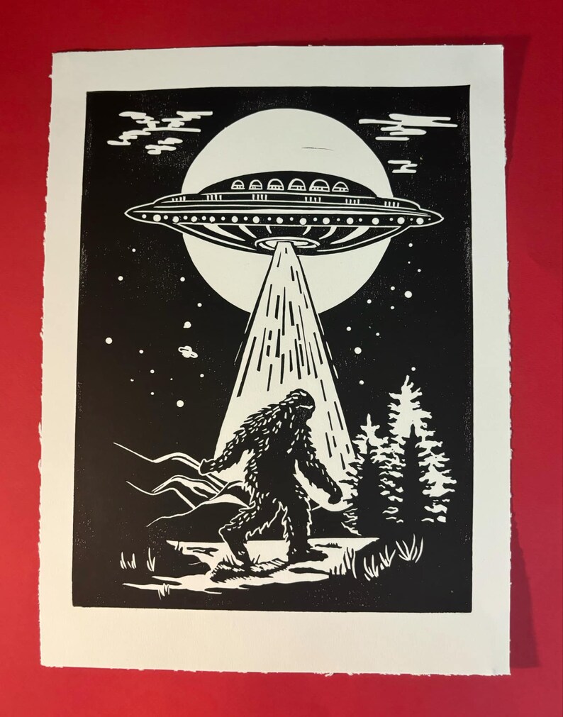 Sasquatch Abduction UFO Cryptid Legend Conspiracy Handprinted Linocut ...