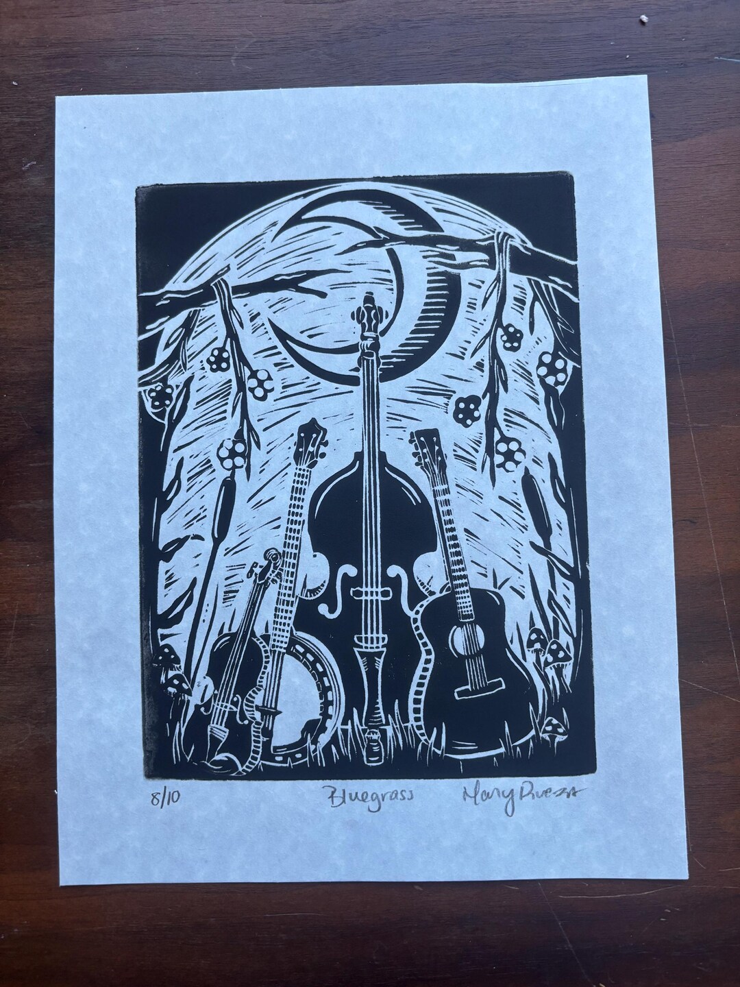 Bluegrass Instruments Guitar Bass Banjo Fiddle Linocut Print ...