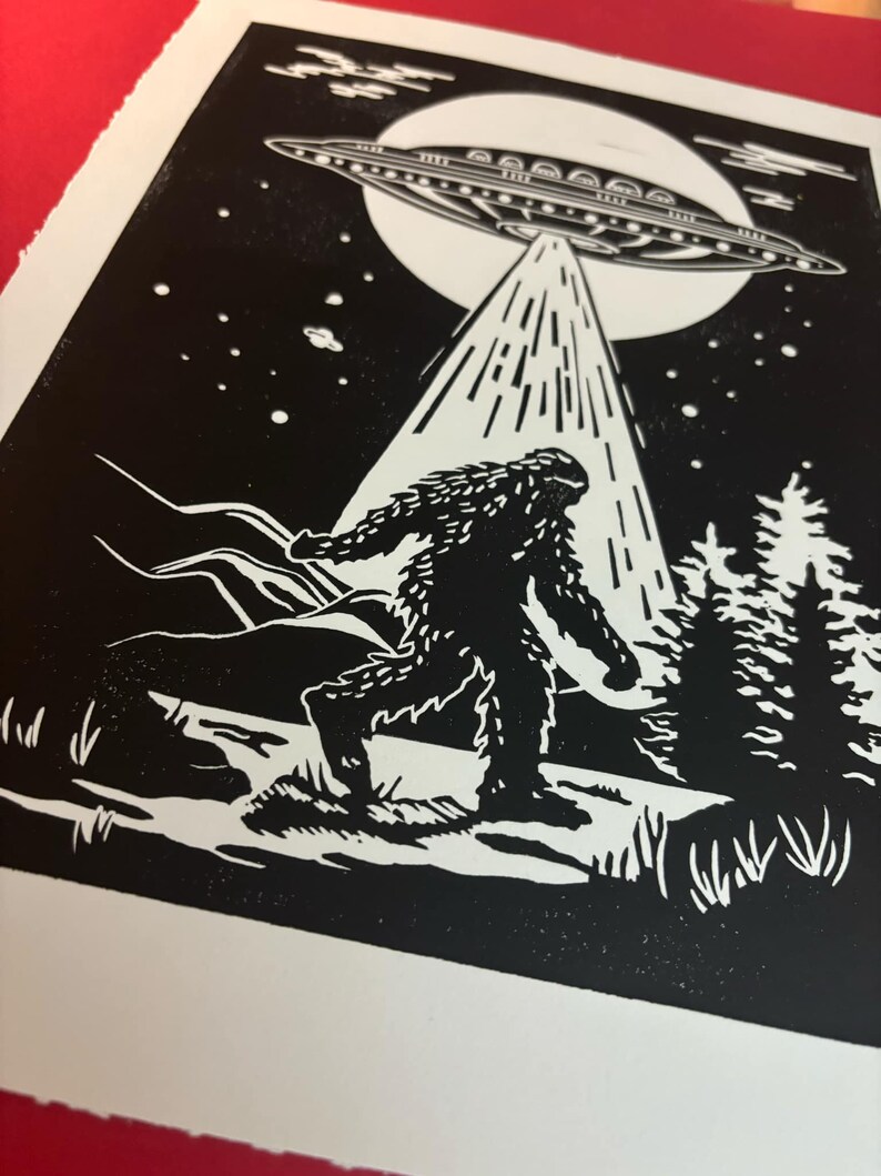 Sasquatch Abduction UFO Cryptid Legend Conspiracy Handprinted Linocut ...