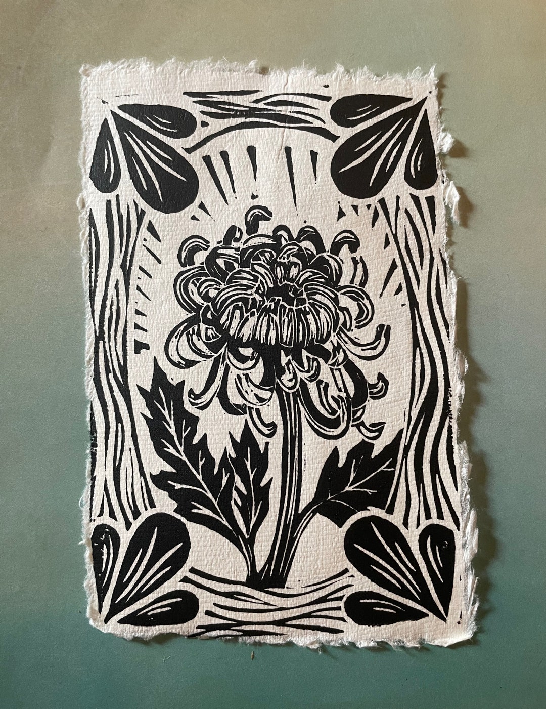 Floral Flower Botanical Linocut Print Handprinted on Natural Homemade ...