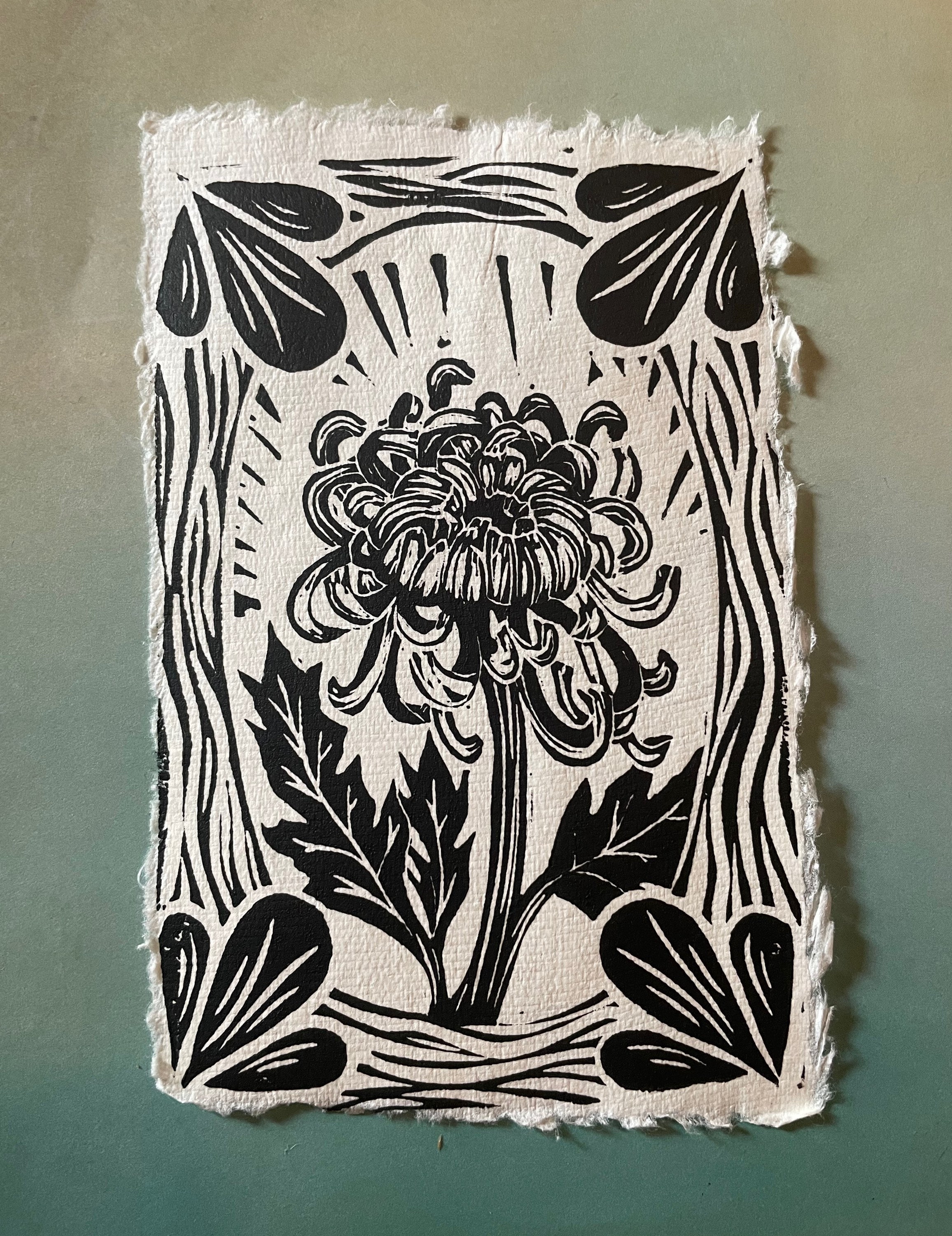 Floral Flower Botanical Linocut Print Handprinted on Natural Homemade ...